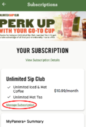 Where do I go to manage my Unlimited Sip Club Subscription?