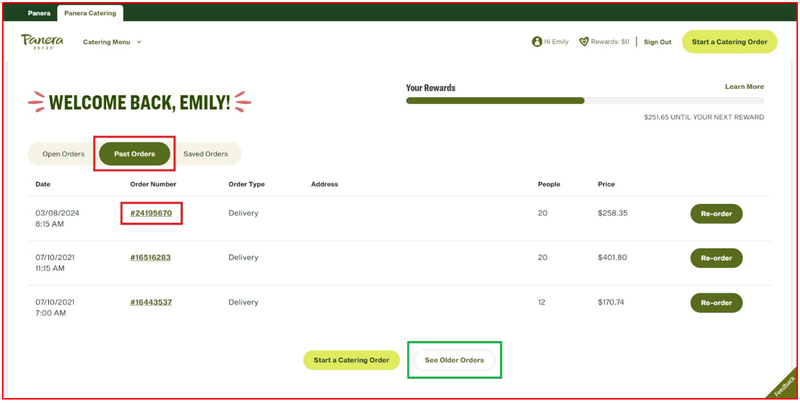 How can I get a receipt for my catering order?
